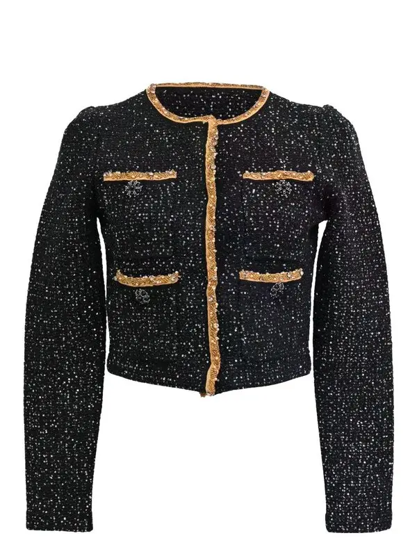 SELF-PORTRAIT Sequined Cropped Sweater - Black