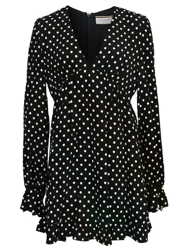 Saint Laurent Polka Dot V-neck Dress - Black