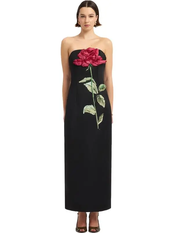 LEO LIN Rayna Appliqué Rose Maxi Dress - Ebony