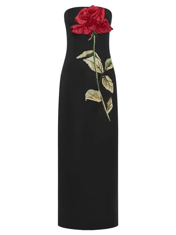 LEO LIN Rayna Appliqué Rose Maxi Dress - Ebony