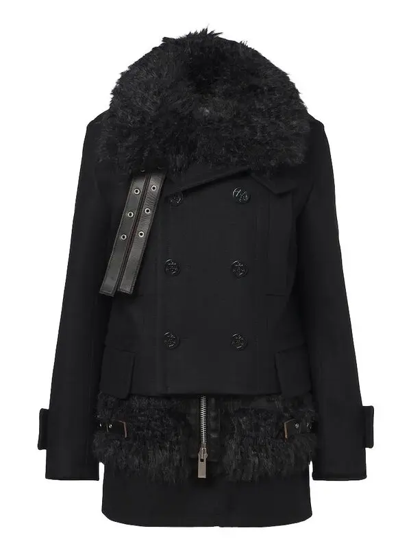 Sacai Layered Leather-trimmed Wool Coat - Black