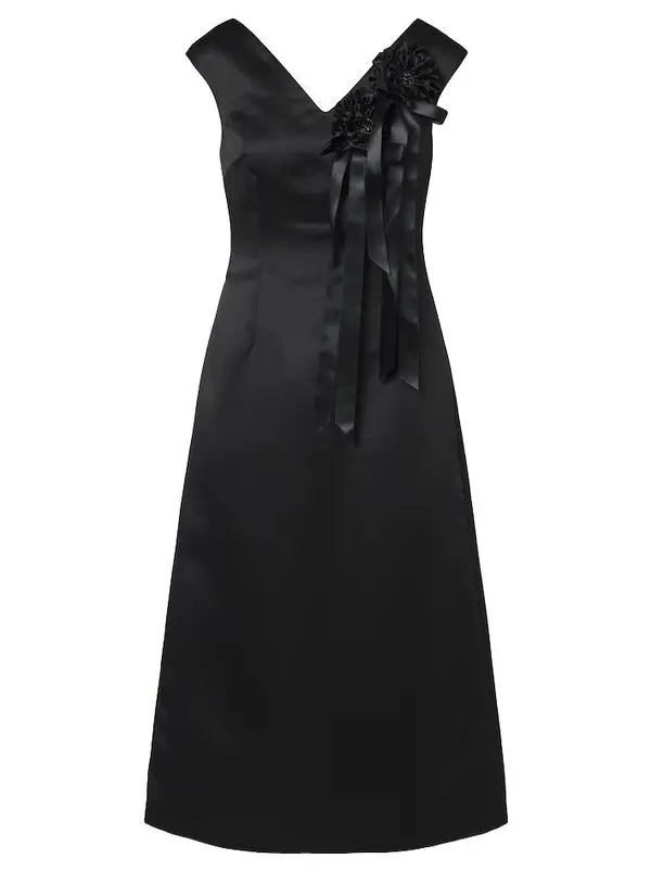 Simone Rocha Floral-appliqué Satin Midi Dress - Black
