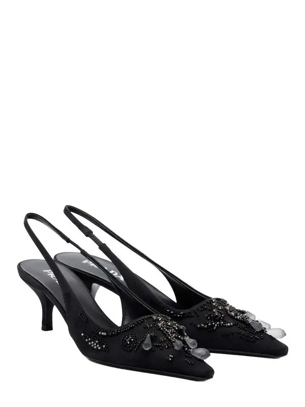 Prada Embellished Satin Slingback Pumps - Black