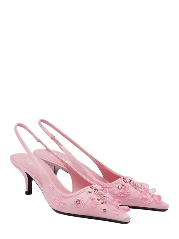 Prada Embellished Satin Slingback Pumps - Pink