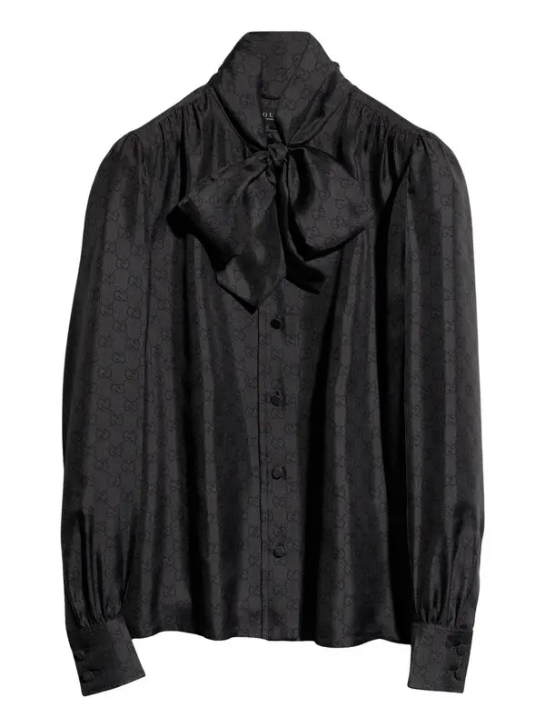 Gucci Printed Silk Twill Shirt With Bow - Black