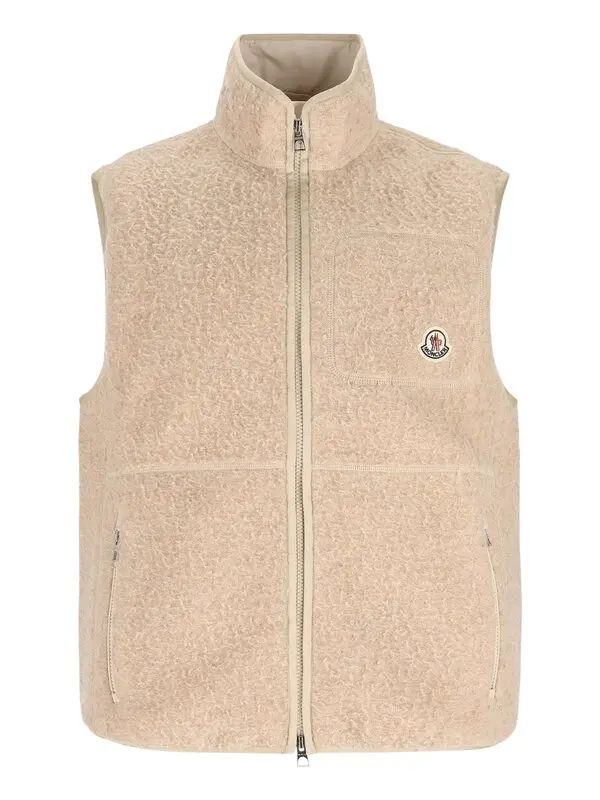 Moncler Textured Zip-up Knit Vest With Logo Patch - Beige
