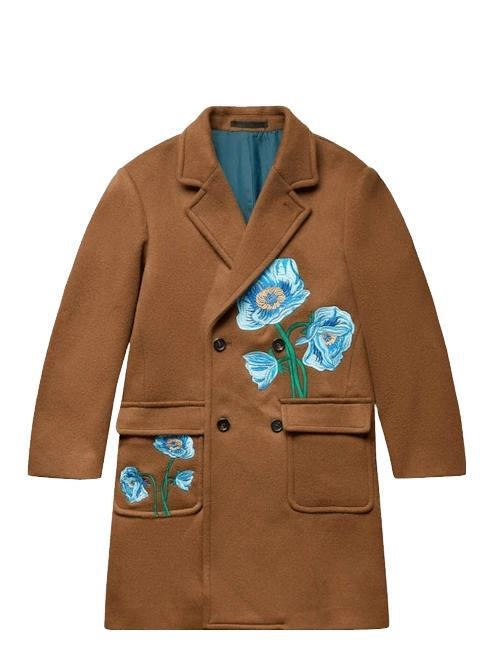 AWAKE Floral Embroidered Wool Overcoat - Brown