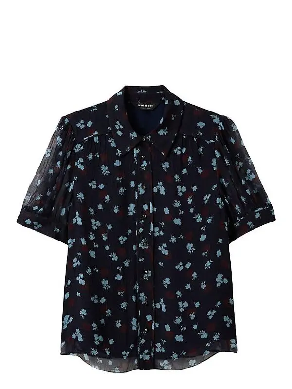 Whistles Floral Print Short Sleeve Woven Blouse - Navy/multi