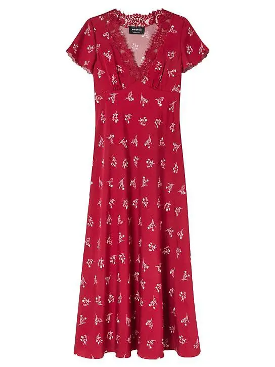 Whistles Floral Print Lace Trim Woven Midi Dress - Multi-coloured