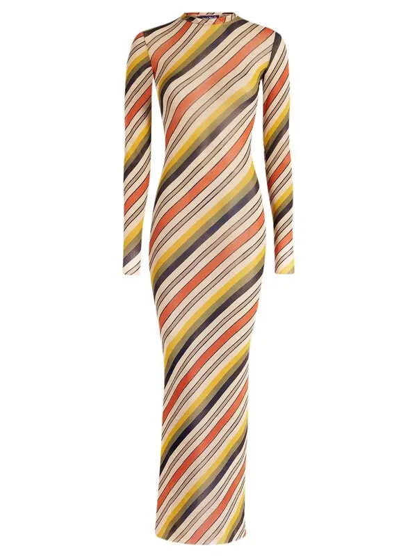 JEAN PAUL GAULTIER Retro Stripe Printed Mesh Long Dress - Multicolor