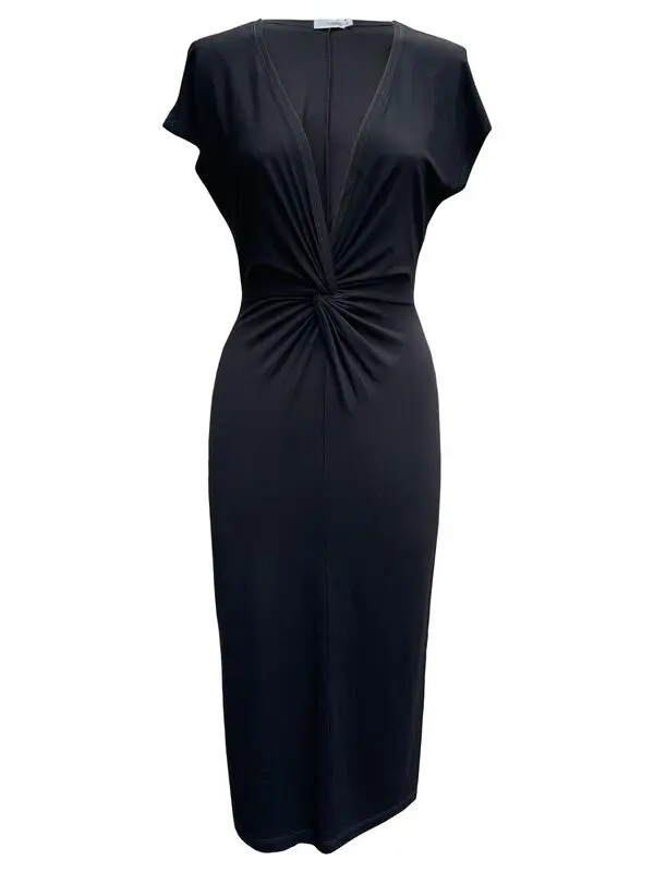 IMAATU Masee Knot Front Extremely Deep V-neck Sculpting Elastic Viscose Midi Dress - Black