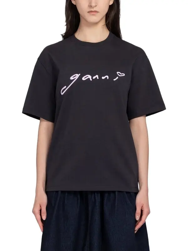 GANNI Organic Cotton Embroidered Logo T-shirt - Grigio