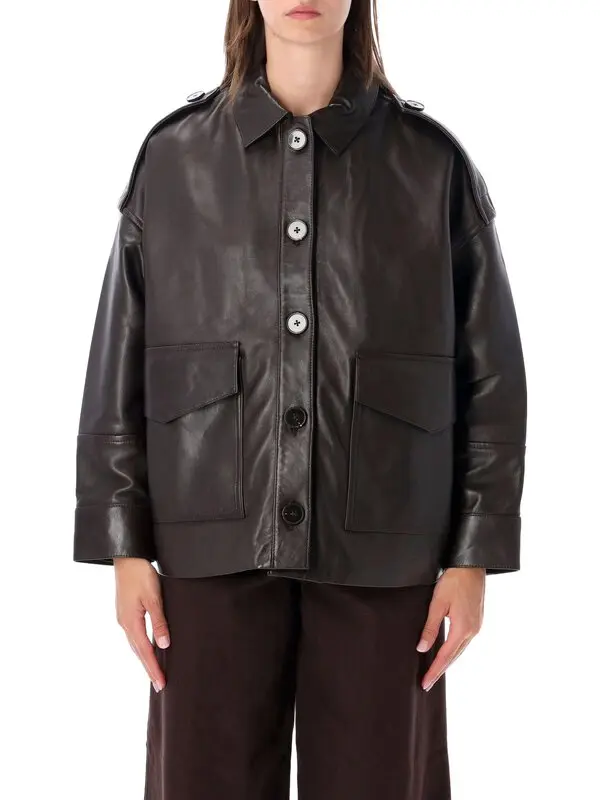 SESSUN Leather Shirt Jacket With Button Front - Marrone