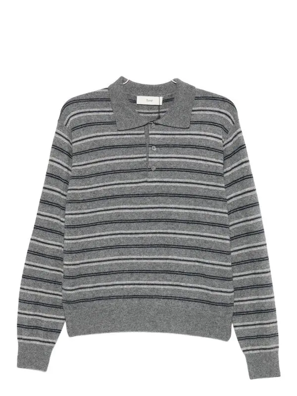 DUNST Wool Blend Striped Polo Shirt - Grey