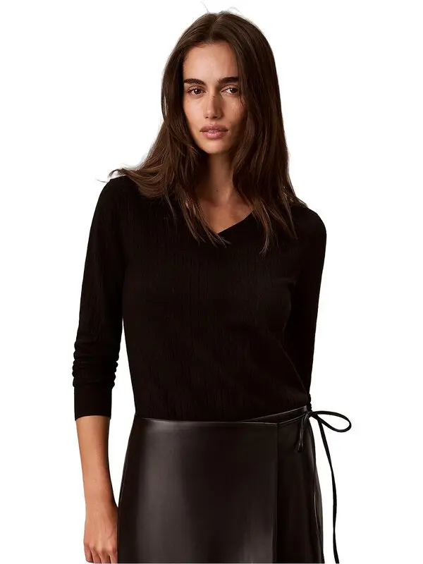 Calvin Klein Pointelle Knit Long Sleeve Top - Black