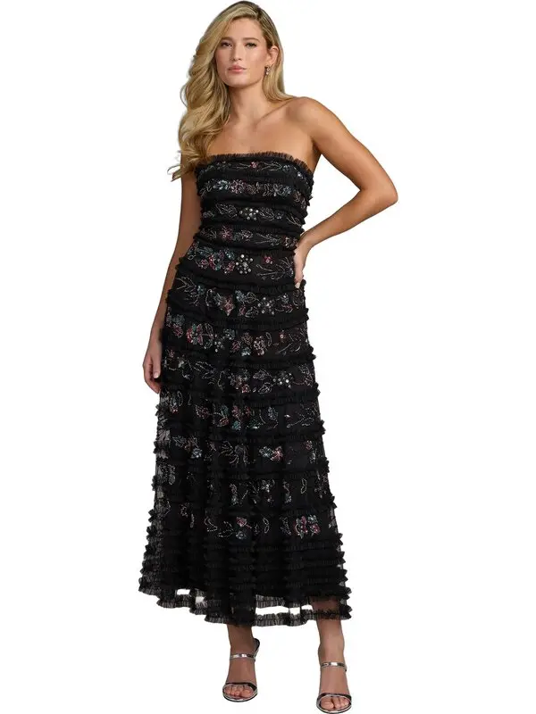Mac Duggal Strapless Micro Ruffle Midi Dress - Black Multi