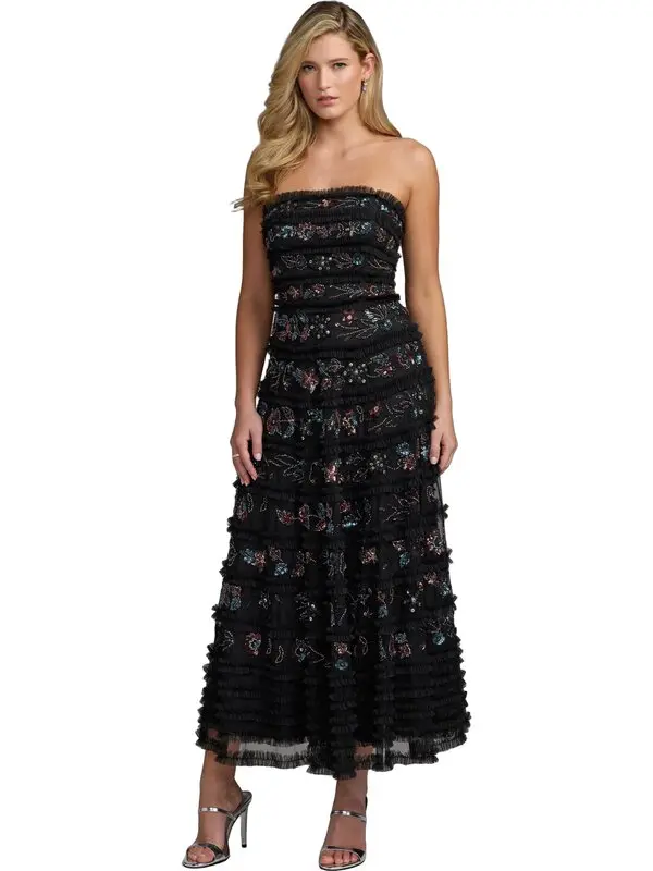 Mac Duggal Strapless Micro Ruffle Midi Dress - Black Multi