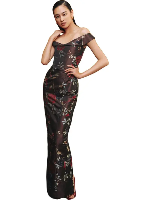 SAU LEE Joanna Jacquard Gown - Brown Multi