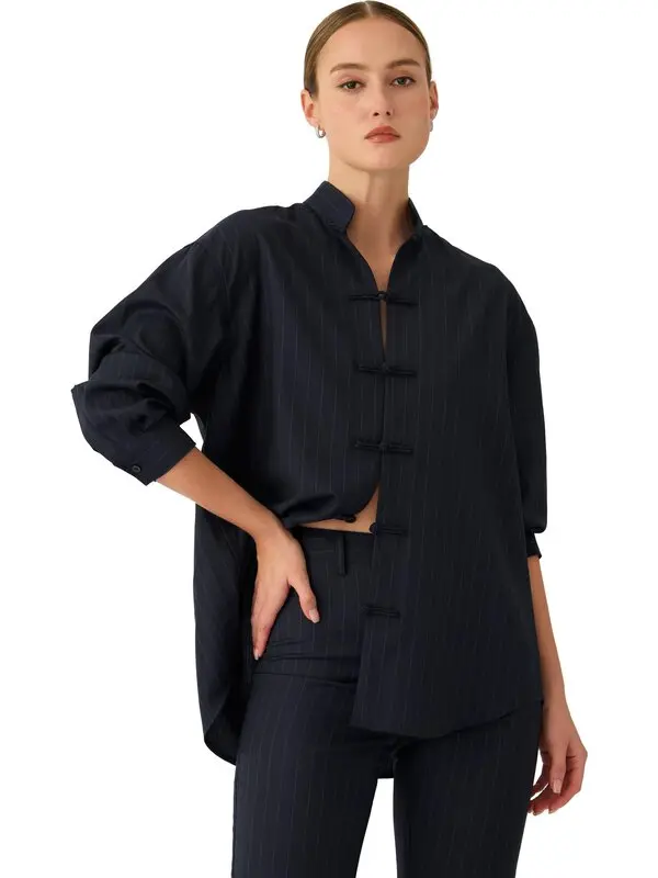 SAU LEE Leo Pinstripe Shirt - Navy