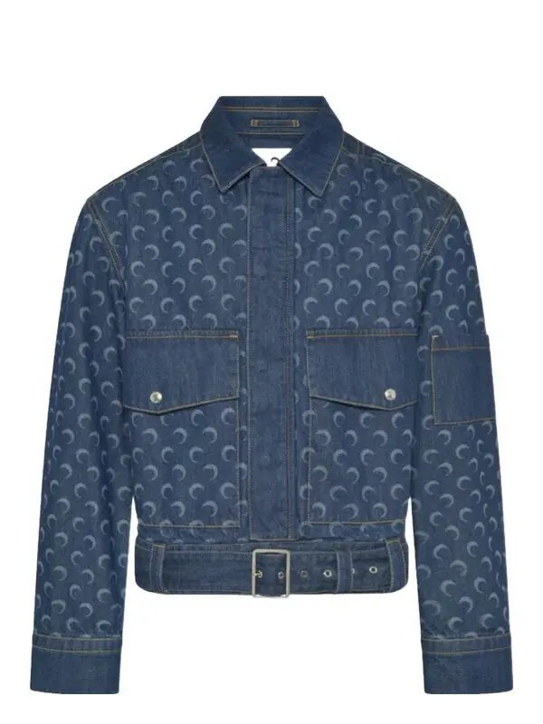 MARINE SERRE Belted Moon-print Denim Jacket - Blue