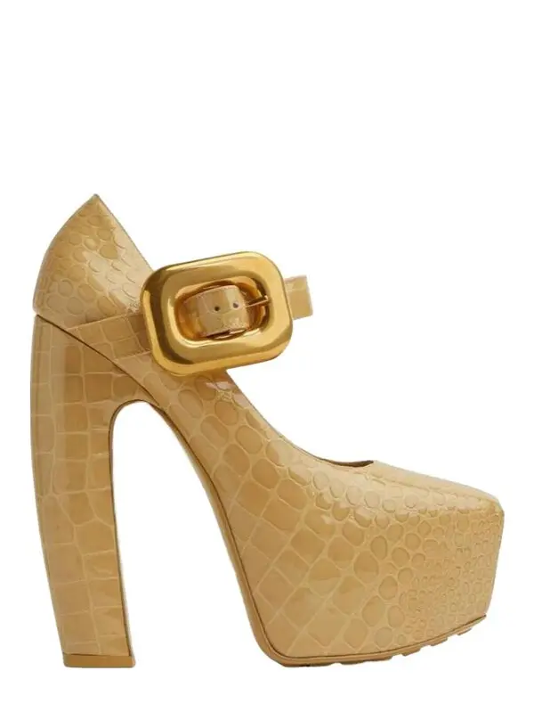 Bottega Veneta Croc Effect Logo Mary Jane Heels - Brown
