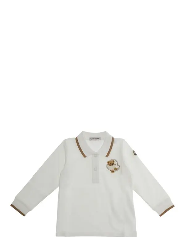Moncler Teddy Bear Embroidered Long-sleeved Polo Shirt - White