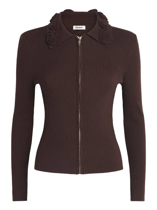 Sandro Floral-collar Zip-up Cardigan - Brown
