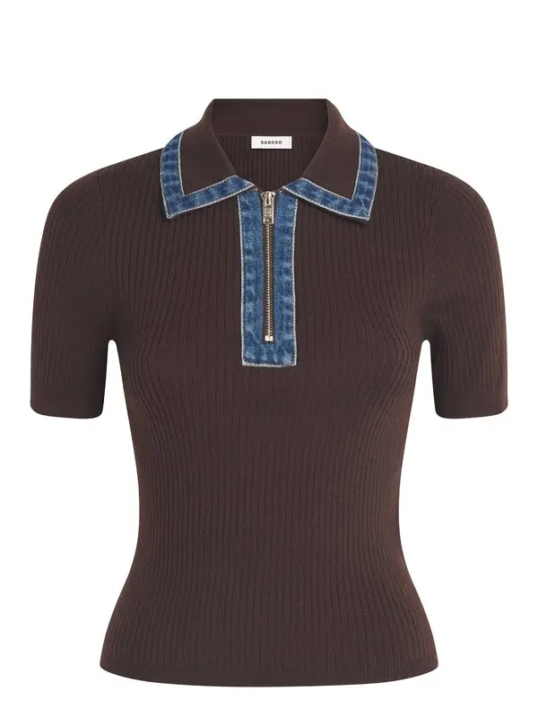 Sandro Knitted Denim-collar Polo Shirt - Brown