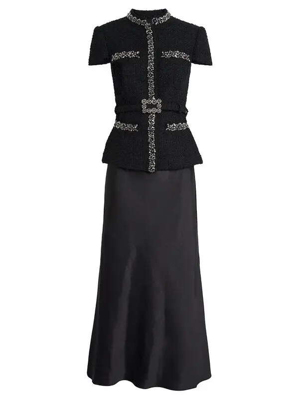 SELF-PORTRAIT Satin Bouclé Crystal-embellished Midi Dress - Black