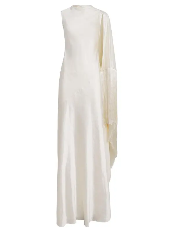 SELF-PORTRAIT Satin Fringe Maxi Dress - Ivory