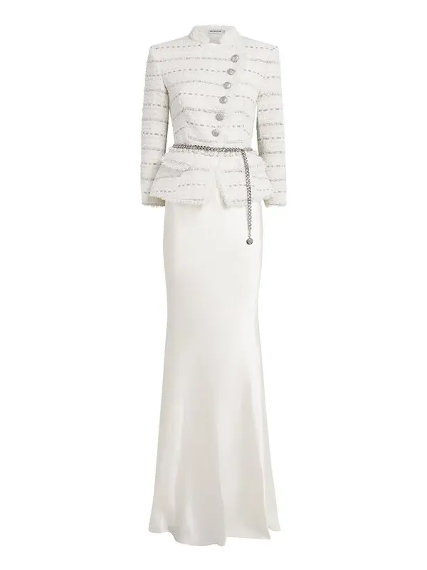 SELF-PORTRAIT Bouclé Satin Maxi Dress - White