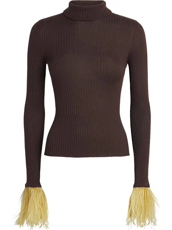 La DoubleJ Cashmere-silk Feather-trim Sweater - Brown