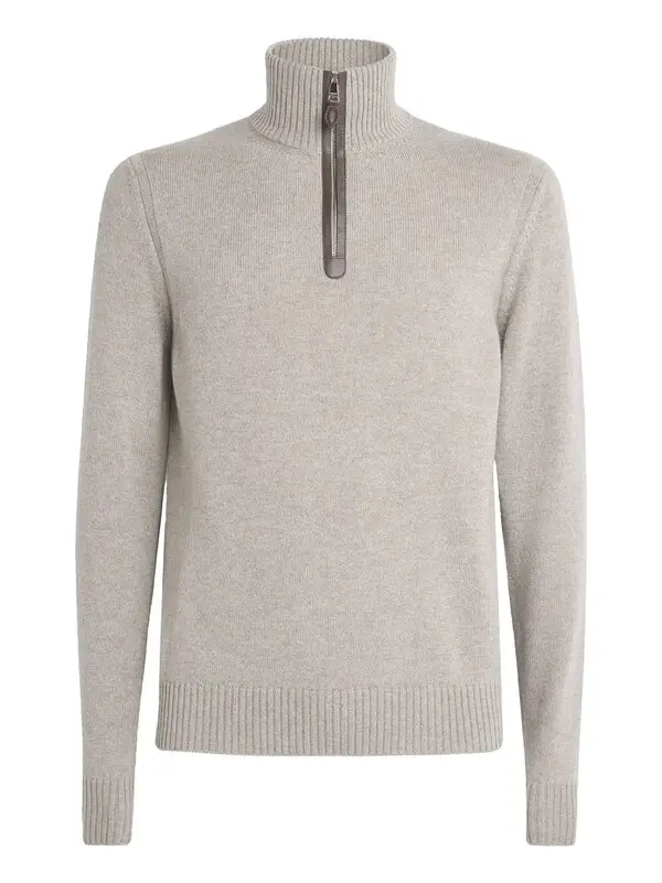 Purdey Cashmere Leather Trim Quarter-zip Sweater - Beige