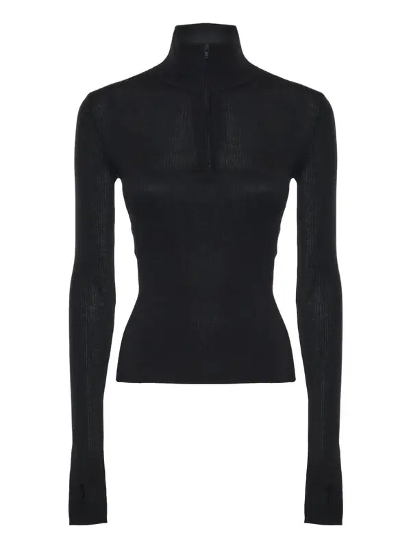 THE FRANKIE SHOP Half Zip Turtleneck Slim Knit Top - Black