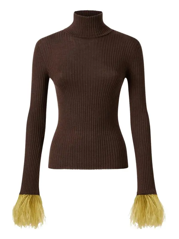 La DoubleJ Solid In Ribbed Silk Cashmere With Feathers High Kick Top - Cocoa