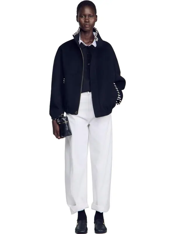 Sandro Wool Jacket With Topstitched Details - Black