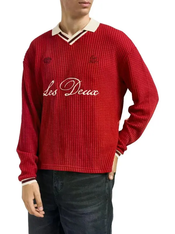LES DEUX Logo-embroidered Waffle Knit Sweater - Red