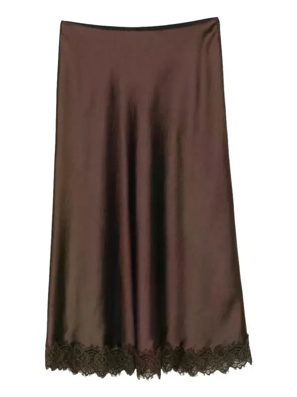LUISA CERANO Lace-trim Satin Midi Skirt - Brown