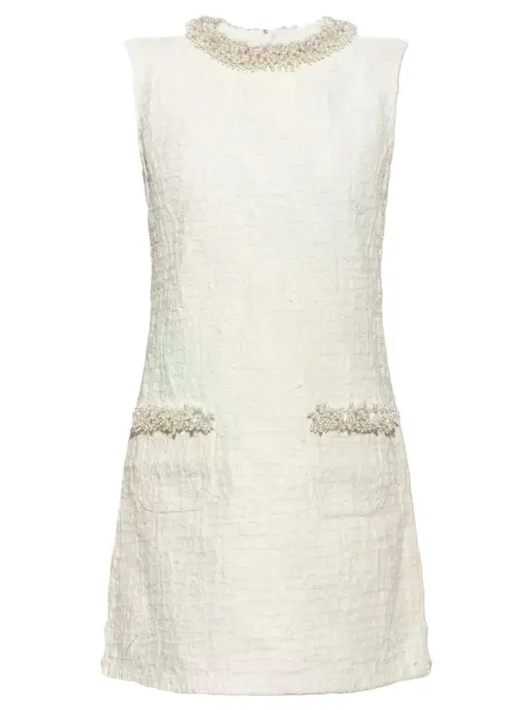 SELF-PORTRAIT Textured Denim Pearl-trimmed Mini Dress - Neutrals