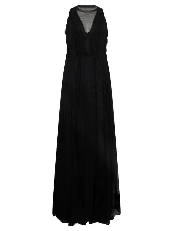 Alberta Ferretti Lace-trimmed Pleated Maxi Dress - Black