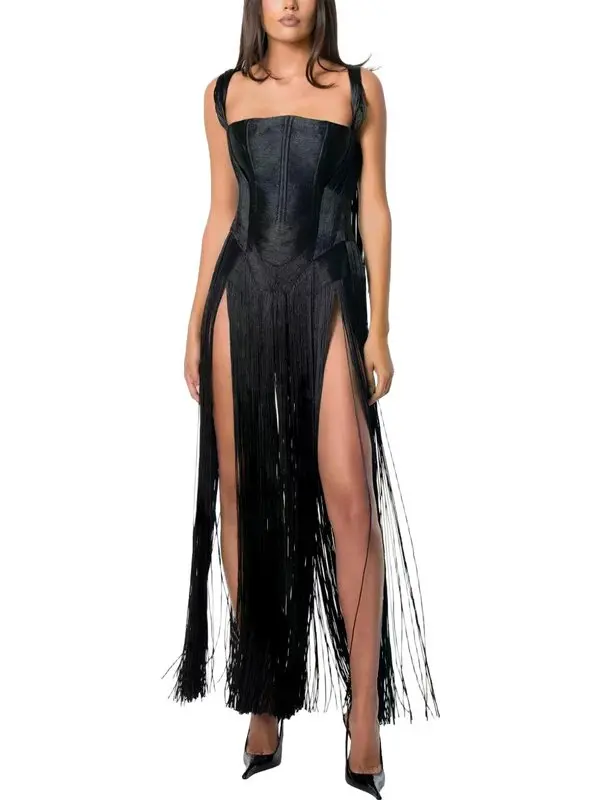 NORINA ST Fringe-trimmed Corset Maxi Dress - Black