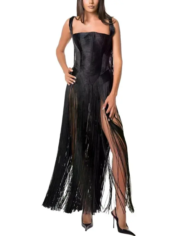 NORINA ST Swan Fringe-trimmed Corset Maxi Dress - Black