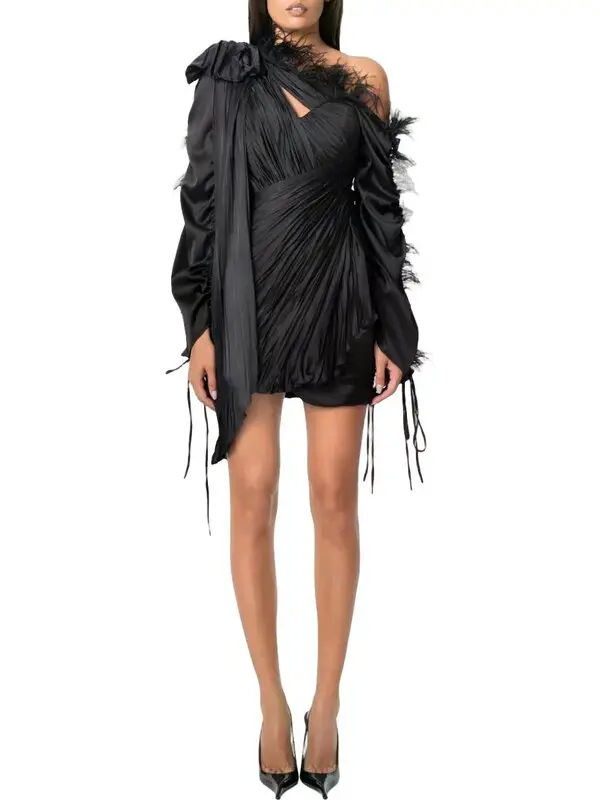 NORINA ST Jamila Feather-trim Ruched Mini Dress - Black