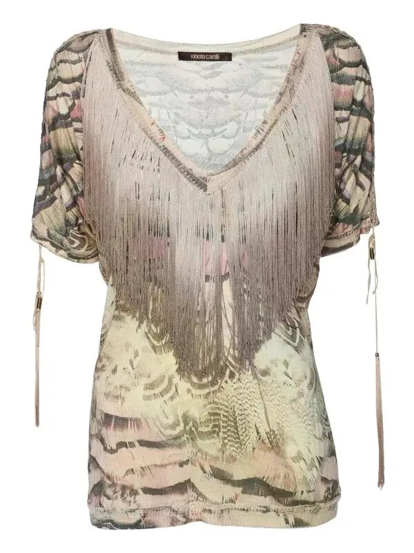Roberto Cavalli Silk Feather Print V-neck Fringe Detailing Short Sleeves Top - Neutrals