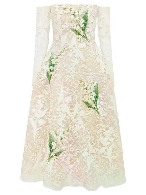 LEO LIN Floral-embroidered Lace-overlay Midi Dress - White