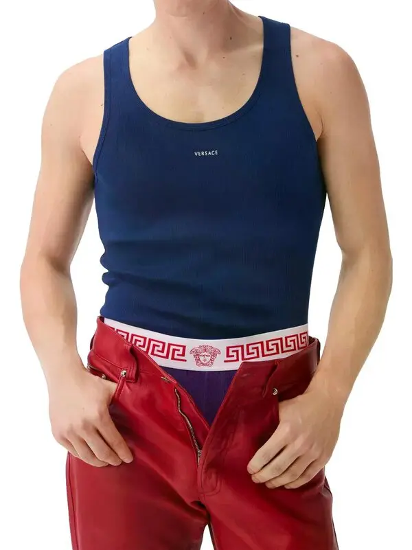 Versace Embroidered-logo Ribbed Cotton-jersey Tank Top - Blue