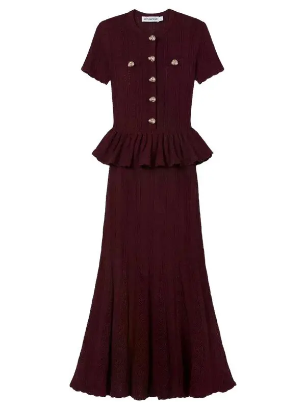 SELF-PORTRAIT Pointelle Peplum Knit Midi Dress - Red