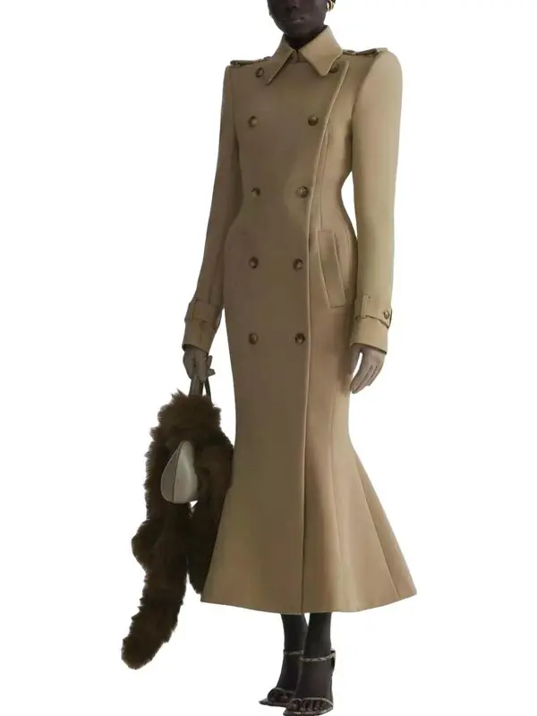 MUGLER Long Double-breasted Hourglass Trench Coat - Neutrals