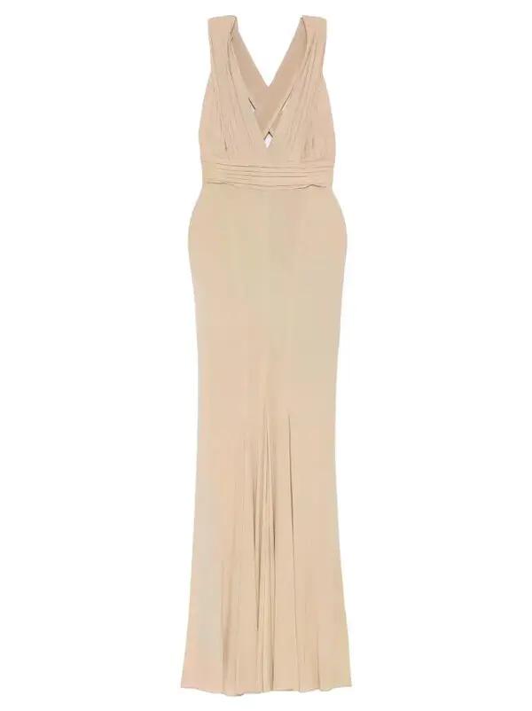 HERVE L. LEROUX Plunge-neck Ruched Gown - Neutrals
