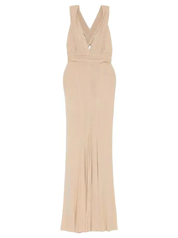 HERVE L. LEROUX Plunge-neck Ruched Gown - Neutrals